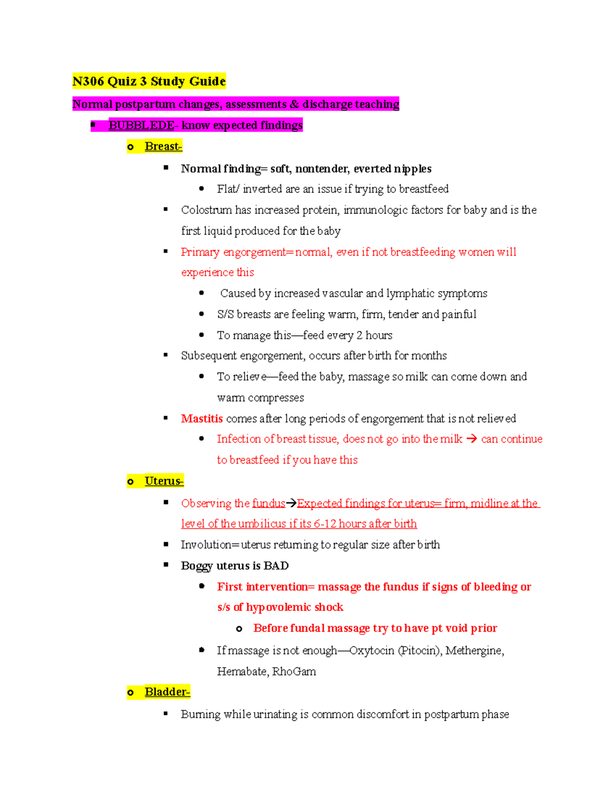 N306-Quiz 3 Study Guide - N306 Quiz 3 Study Guide Normal postpartum ...