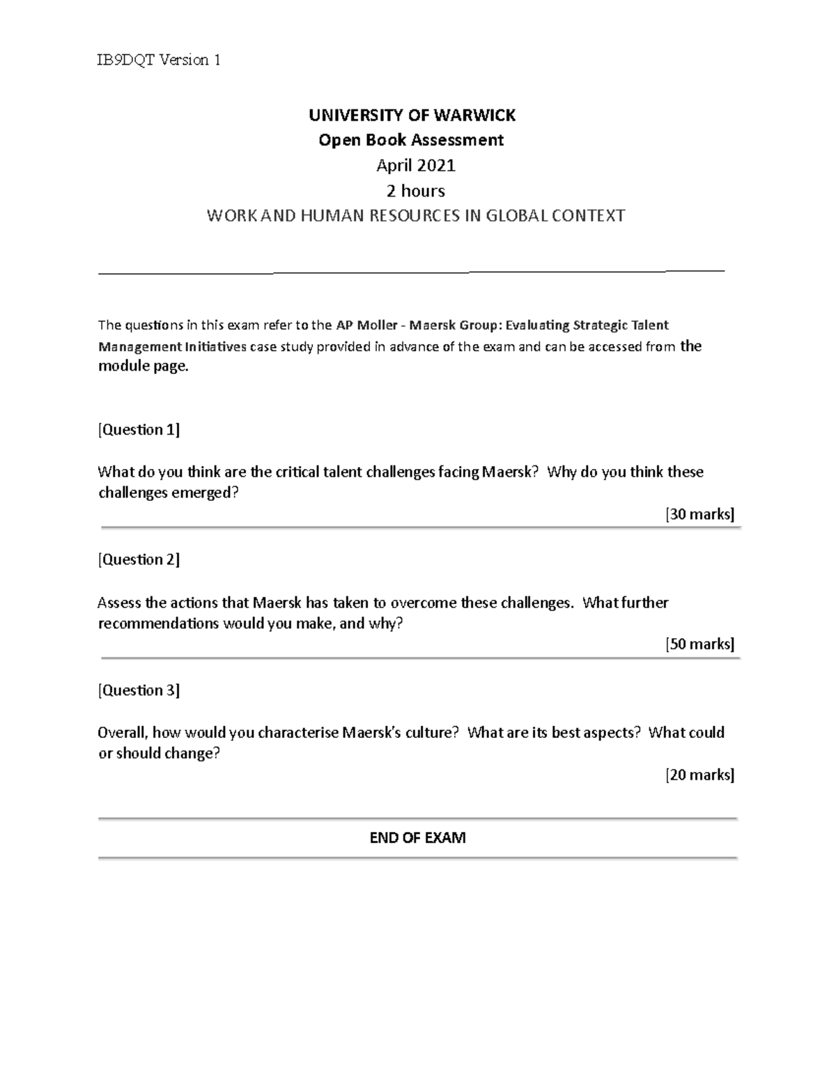 Ib9dqt exam paper april 2021 v1 - IB9DQT Version 1 UNIVERSITY OF ...