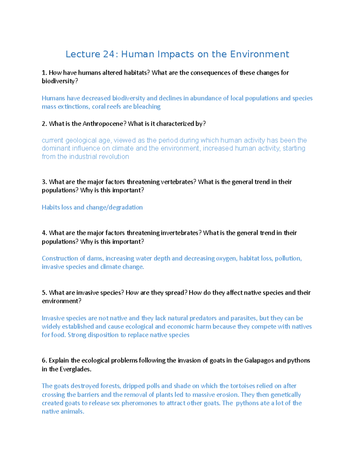 Lecture 24 worksheet - Lecture 24: Human Impacts on the Environment How ...