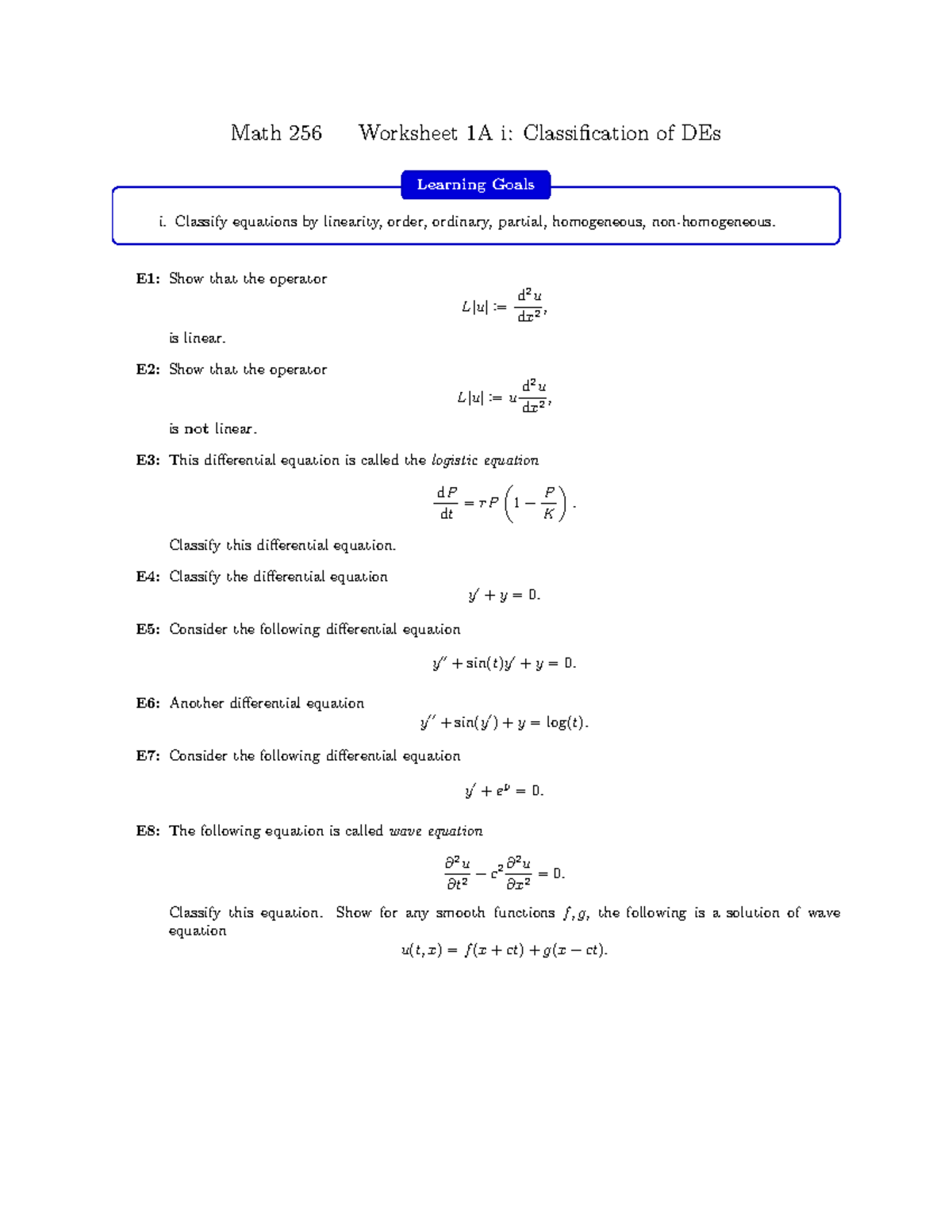 Worksheet 1A i - Classify equations by linearity, order, ordinary ...