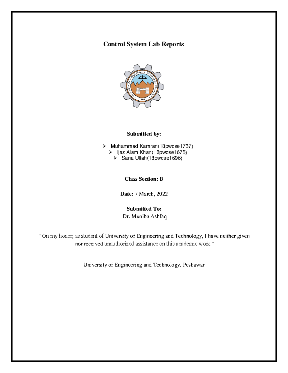 Title page - sdf - Control System Lab Reports Submitted by: Muhammad ...