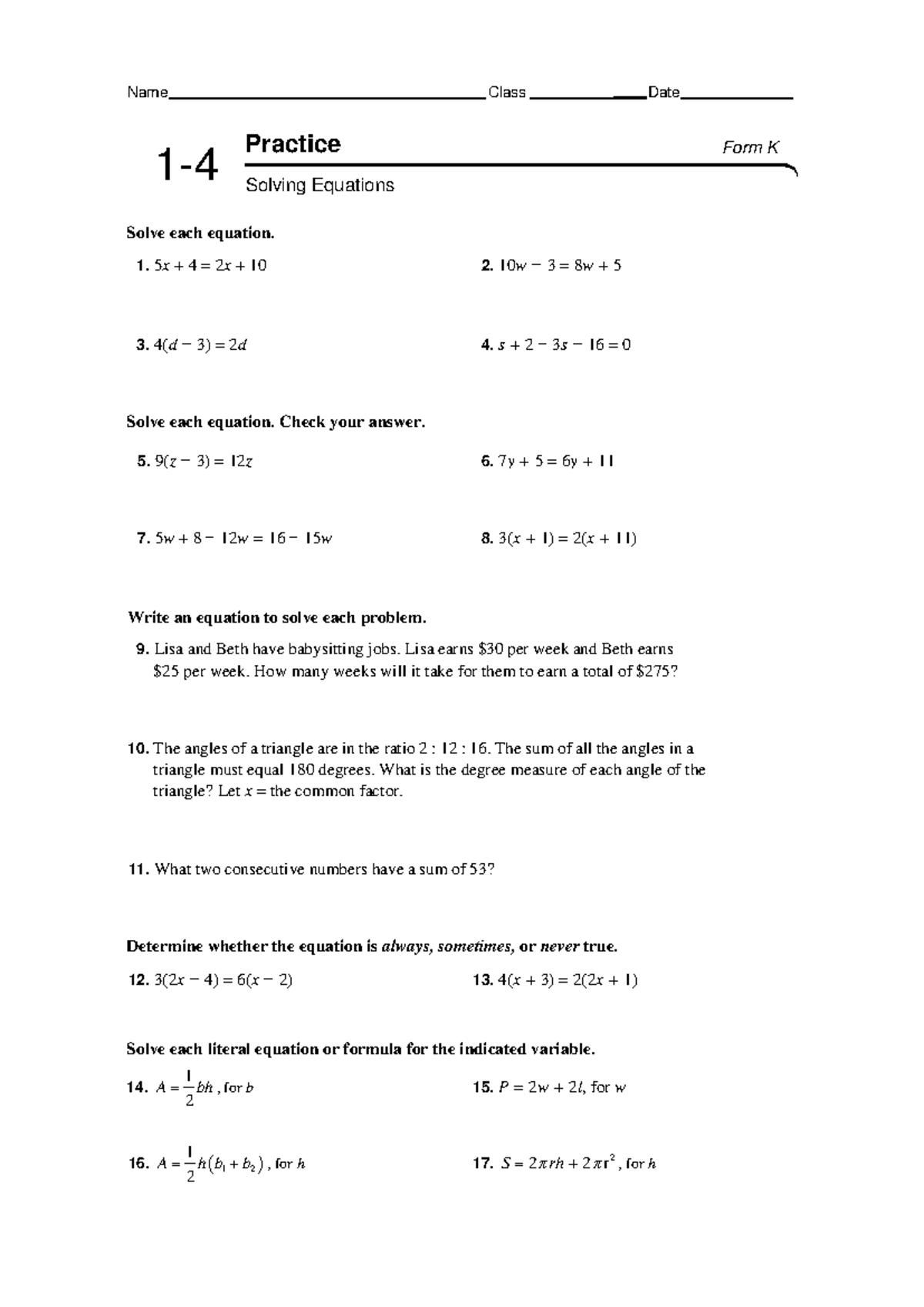 Algebra 2 practice sets - Name Class Date 1- Practice Form K Solve each ...