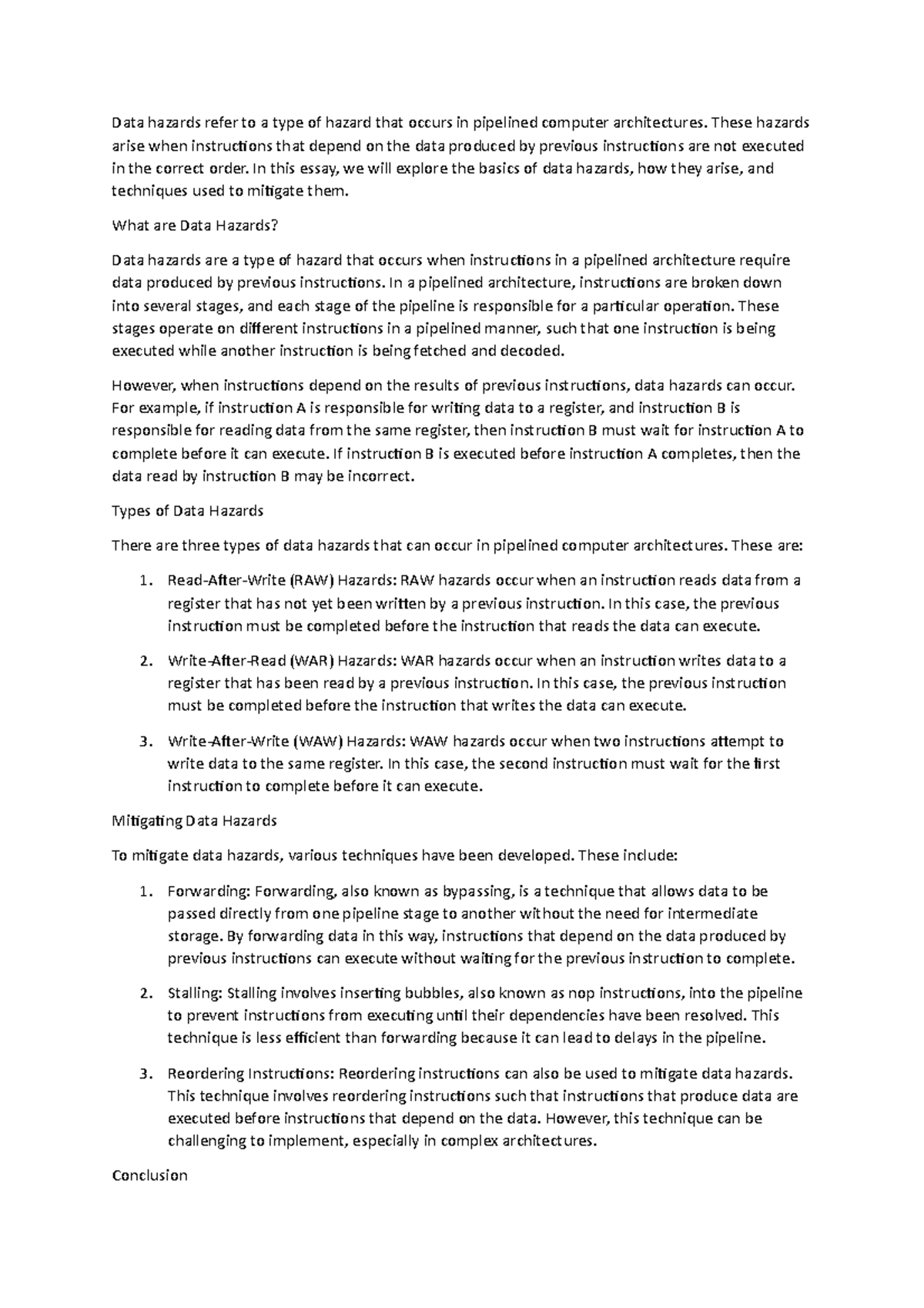 Data Hazards - These hazards arise when instructions that depend on the ...