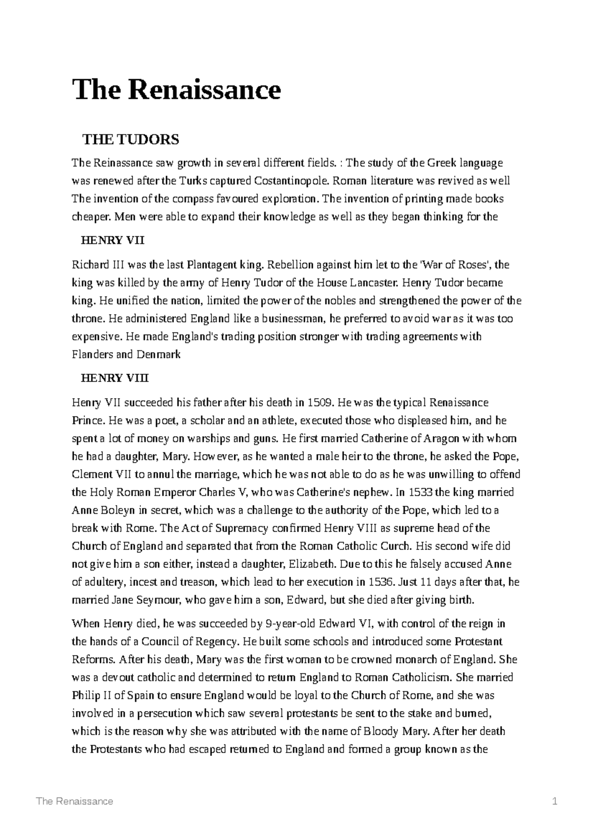 The Renaissance - Summaries - The Renaissance THE TUDORS The ...