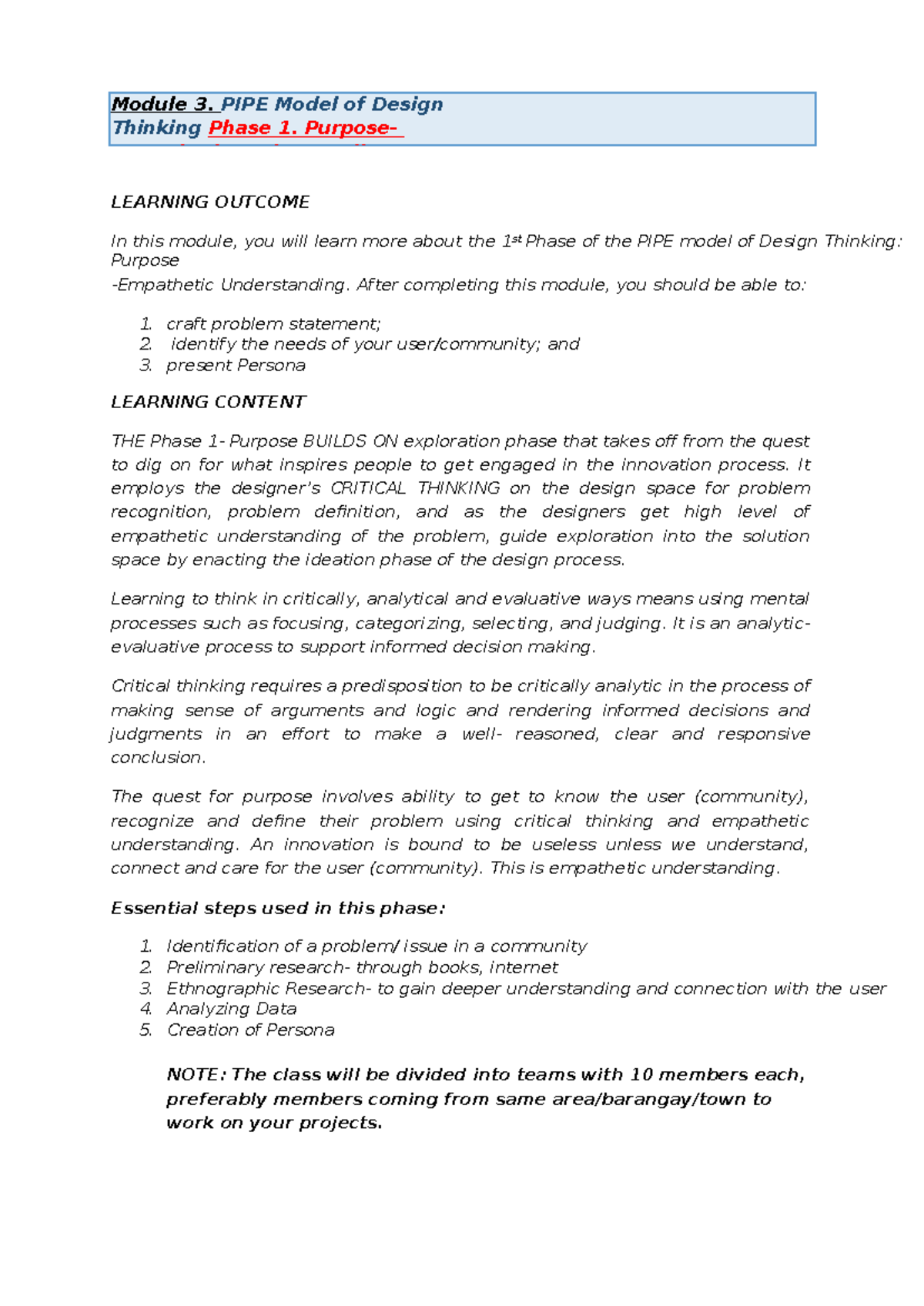 Module 3 CCT 1 - Pls read it - LEARNING OUTCOME In this module, you ...