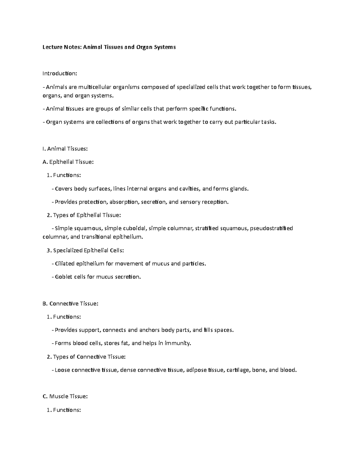 Lecture Notes: Animal Tissues and Organ Systems - Lecture Notes: Animal ...