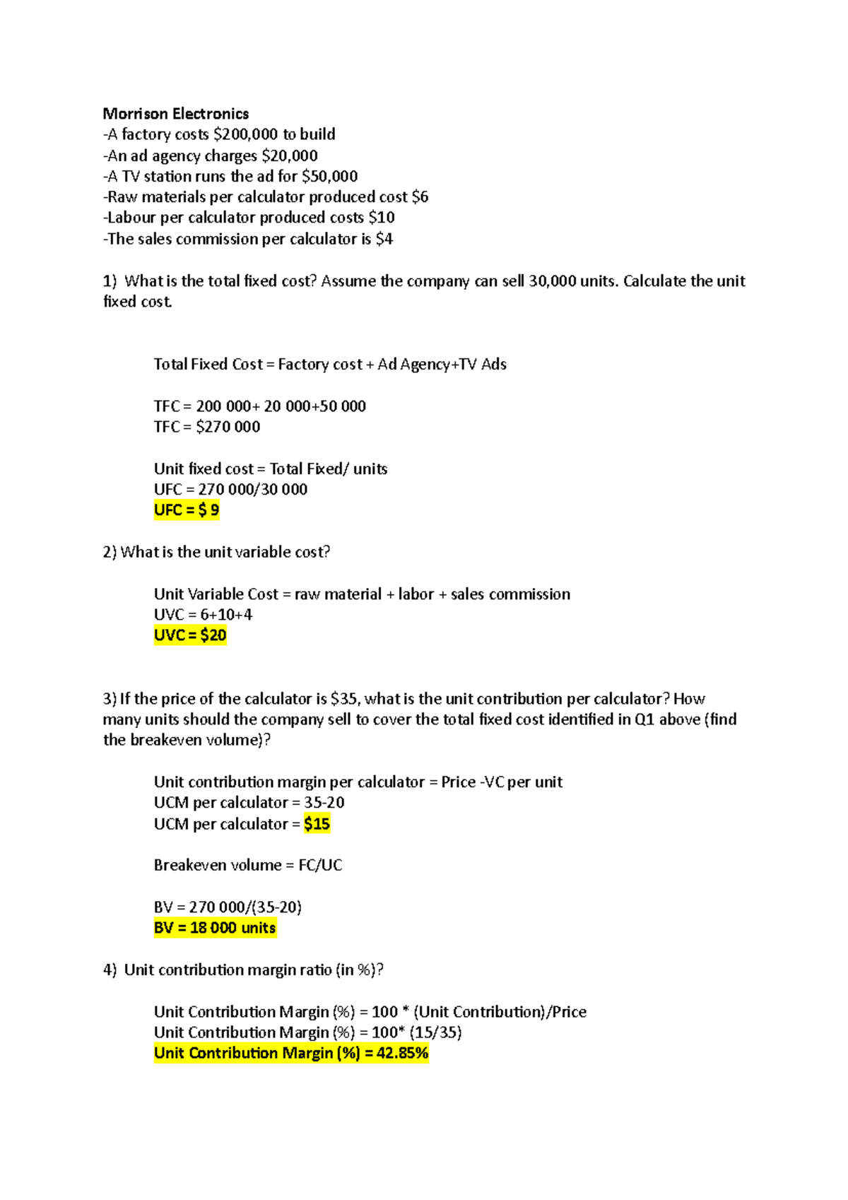 Week 5 Tutorial Solution - Morrison Electronics -A factory costs ...