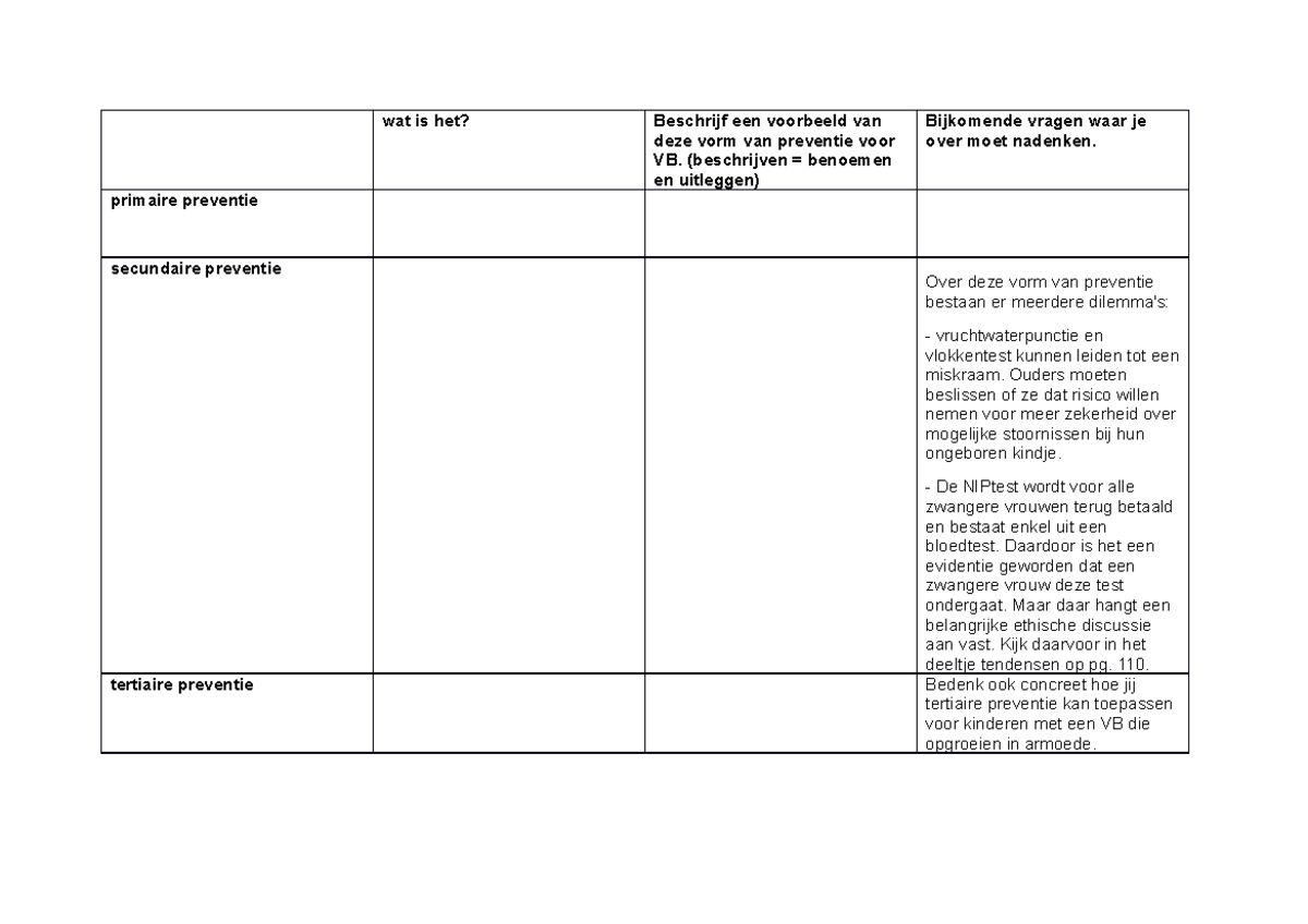 Overzicht preventie - oefenen - wat is het? Beschrijf een voorbeeld van ...