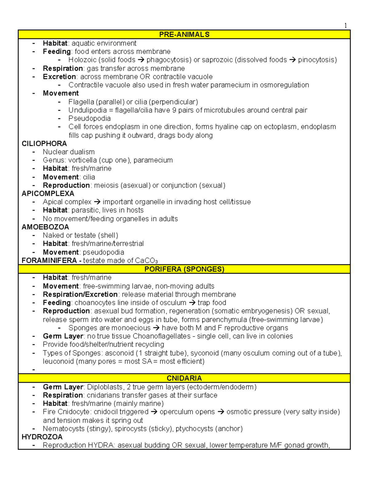 Zoology- Notes - PRE-ANIMALS Habitat: aquatic environment Feeding: food ...