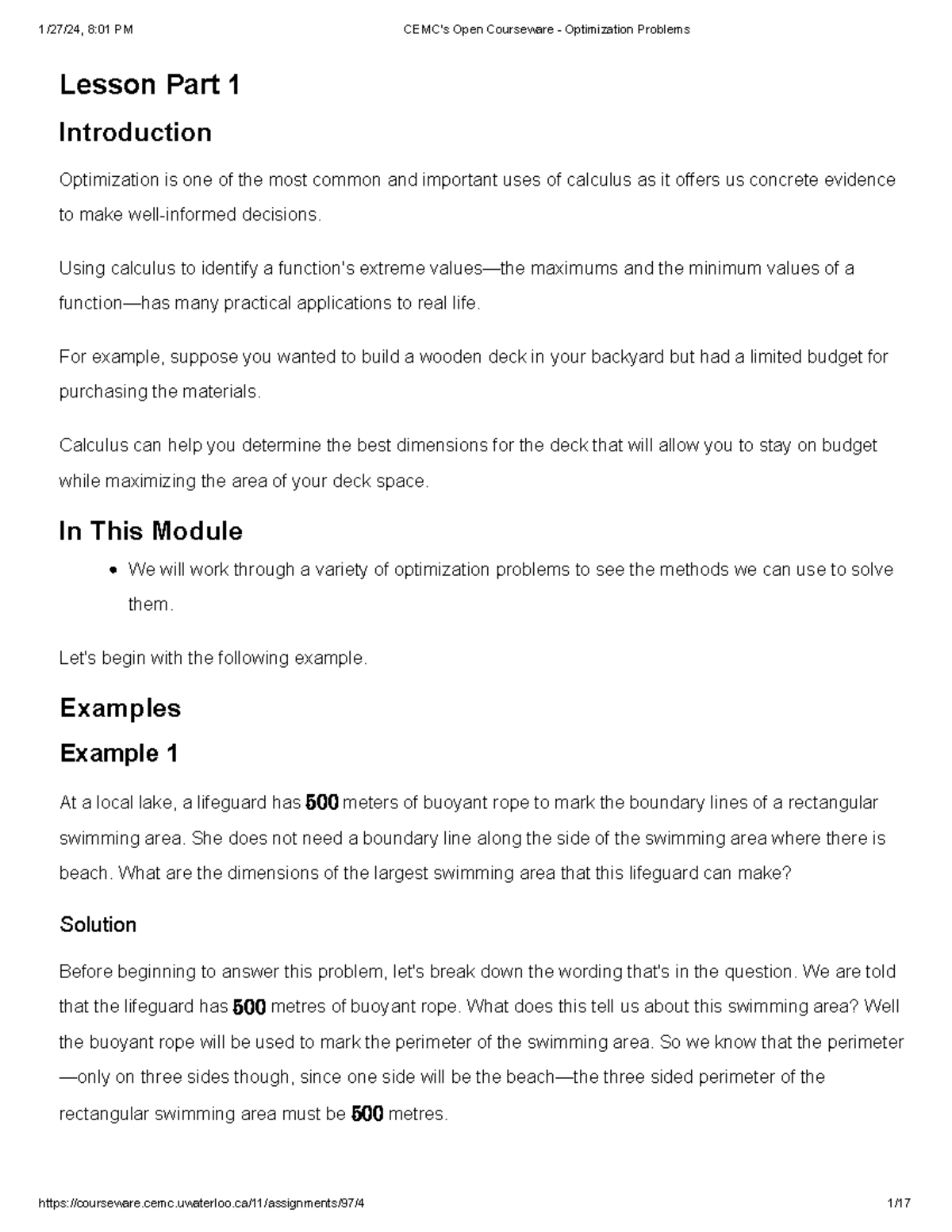 5 - mcv4u - Lesson Part 1 Introduction Optimization is one of the most common and important uses ...