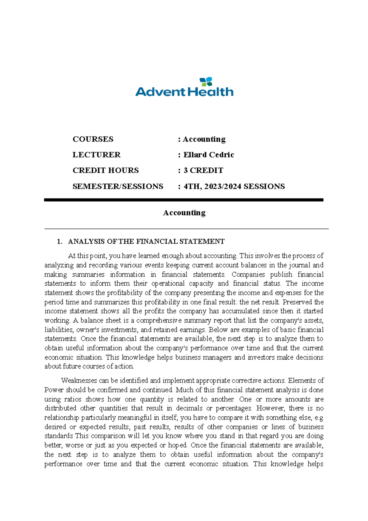 Analysis OF THE Financial Statement - COURSES : Accounting LECTURER ...