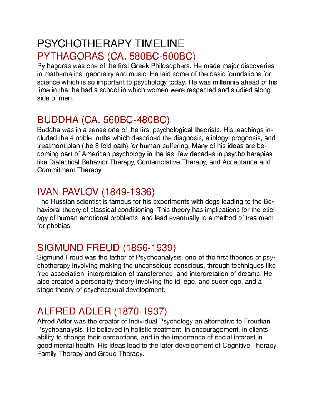Psychotherapy Timeline Unit 1 Notes - PSYCHOTHERAPY TIMELINE PYTHAGORAS ...