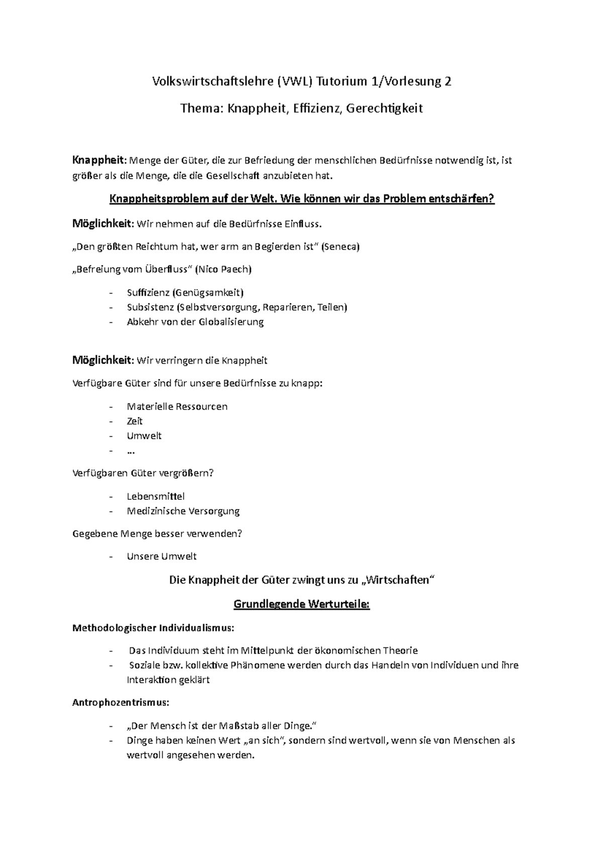 VWL 1 - Tutorienzusammenfassung - Volkswirtschaftslehre (VWL) Tutorium ...