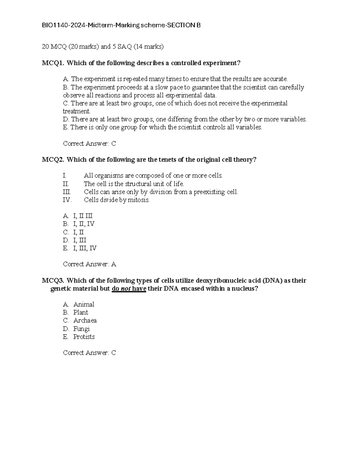 BIO1140-2024-Midterm-Marking scheme-Section B - 20 MCQ (20 marks) and 5 ...
