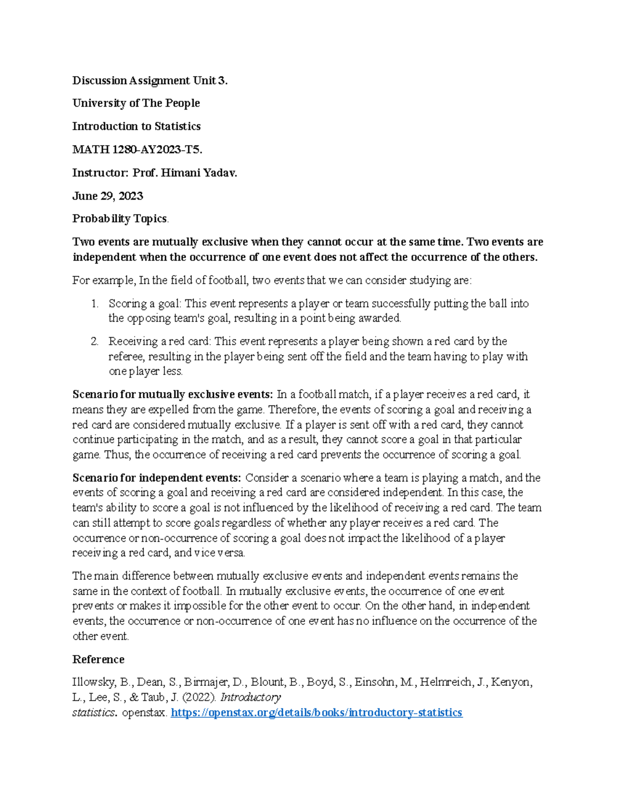 Discussion Assignment Unit 3 - University of The People Introduction to ...