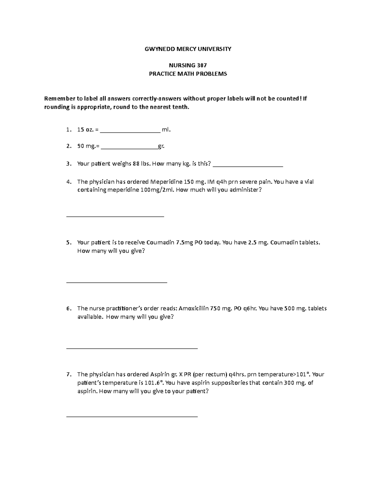 N307 -Practice Math Problems - GWYNEDD MERCY UNIVERSITY PRACTICE MATH ...