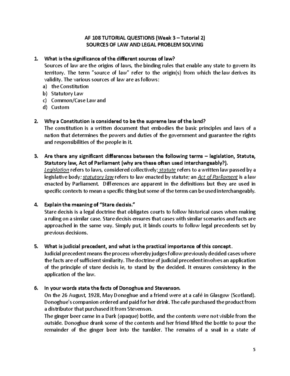 AF108 Tutorial 2 Answers - AF 108 TUTORIAL QUESTIONS (Week 3 – Tutorial 2) SOURCES OF LAW AND ...