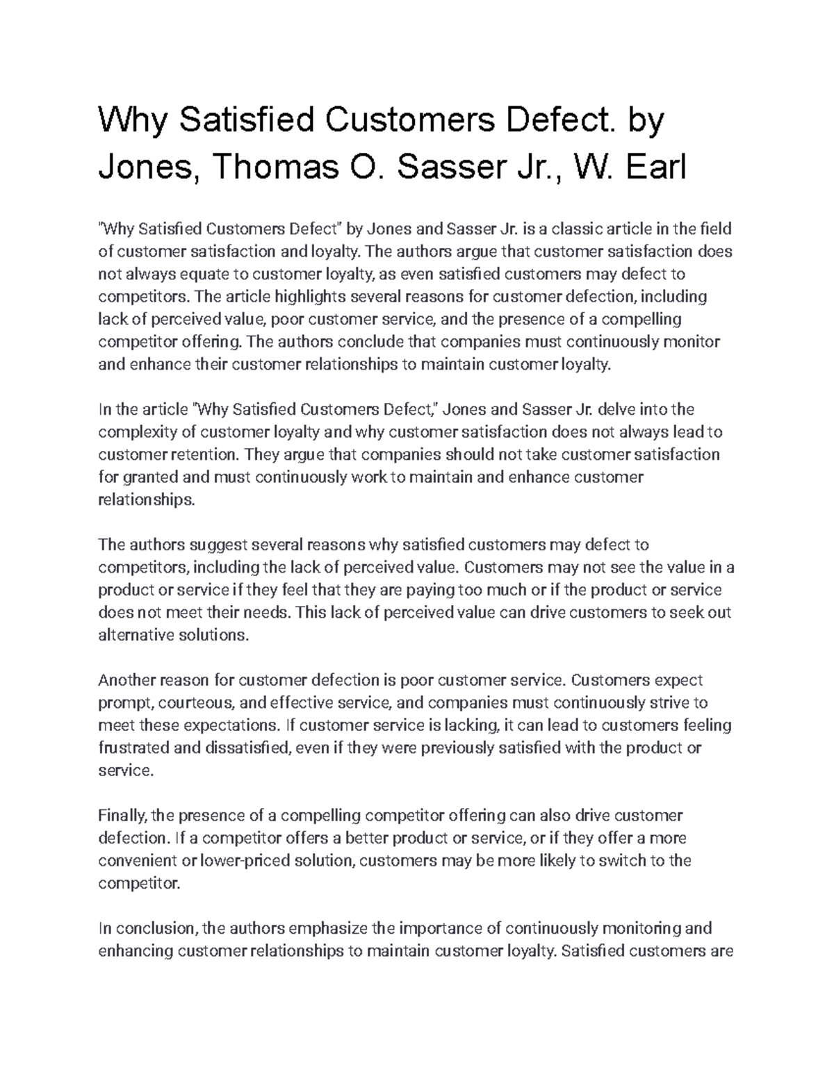 Obligatoriska artiklar sammanfattning - Why Satisfied Customers Defect ...