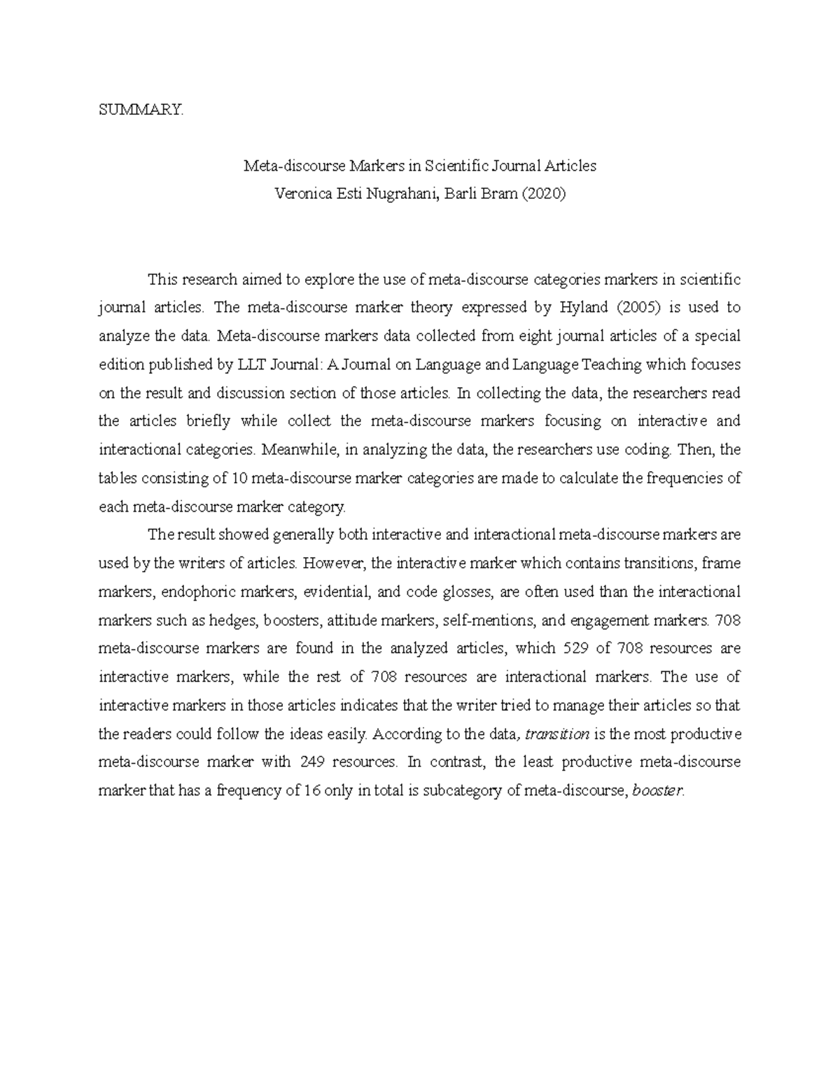 3rd Summary - SUMMARY. Meta-discourse Markers in Scientific Journal Articles Veronica Esti ...