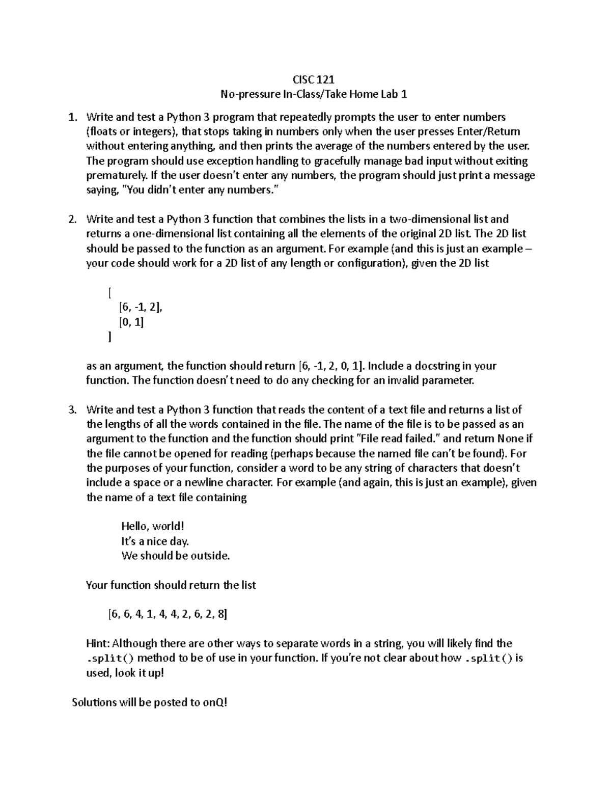 Lab 1 - Lab 1 - CISC 121 No-pressure In-Class/Take Home Lab 1 Write and ...