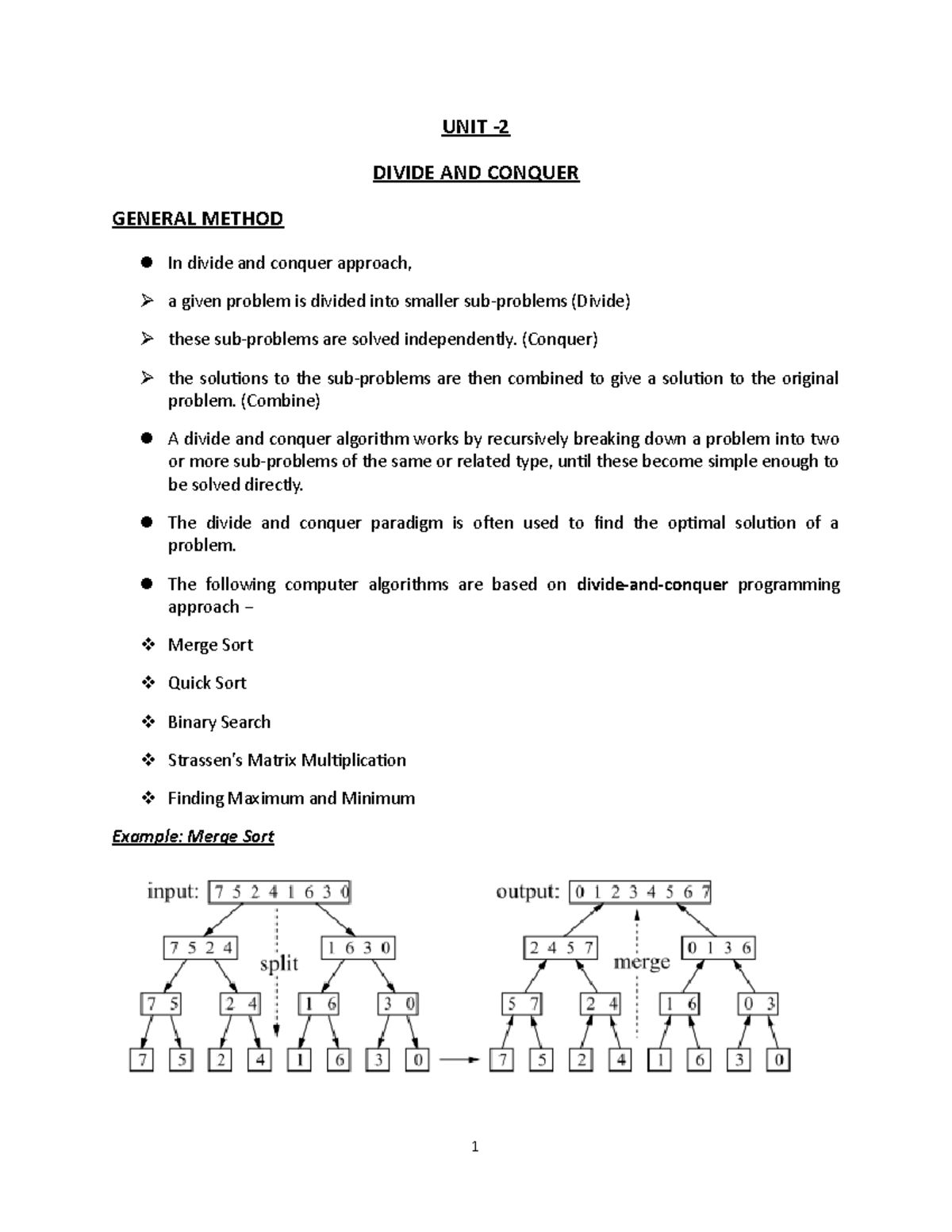 UNIT 2 - size is too short - UNIT - DIVIDE AND CONQUER GENERAL METHOD In divide and conquer ...