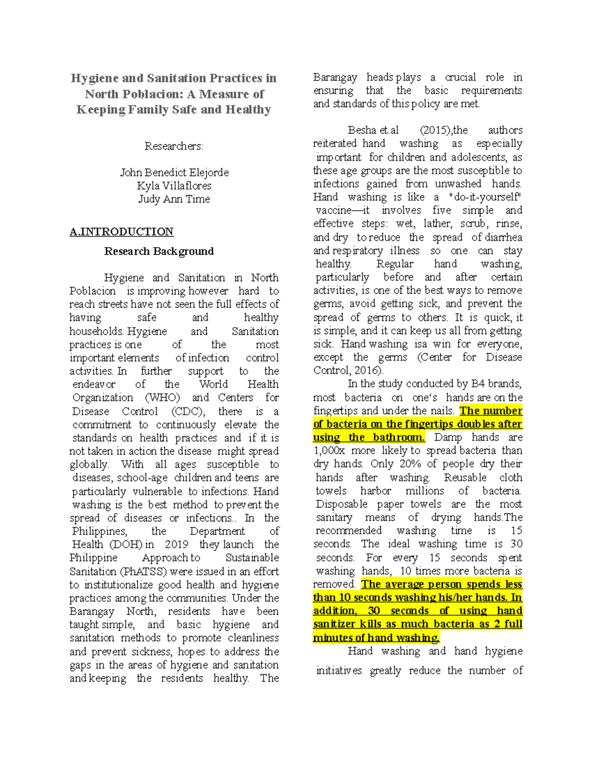 Final Research he - Hygiene and Sanitation Practices in North Poblacion ...