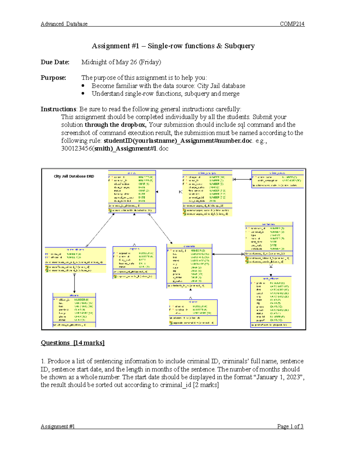 Assignment 1 - ass1 - Advanced Database COMP Assignment #1 – Single-row functions & Subquery Due ...