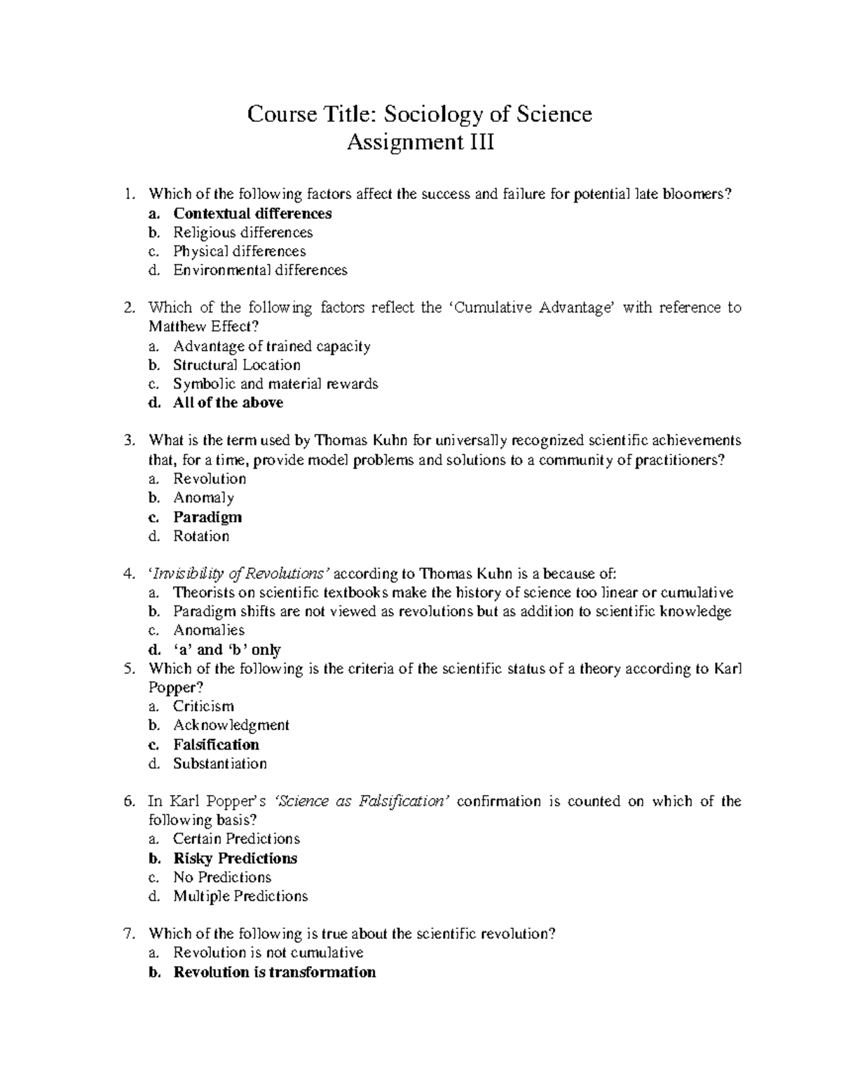 Assignment III - sociology - Course Title: Sociology of Science ...