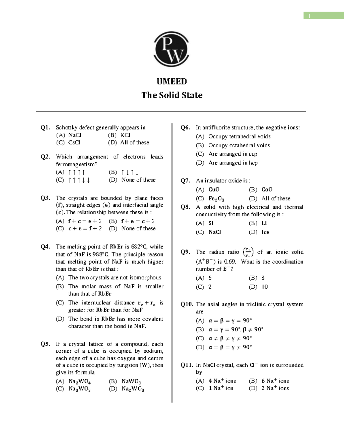 Solid State in 1 Shot Practice Sheet - THE Solid State-1 - UMEED The ...