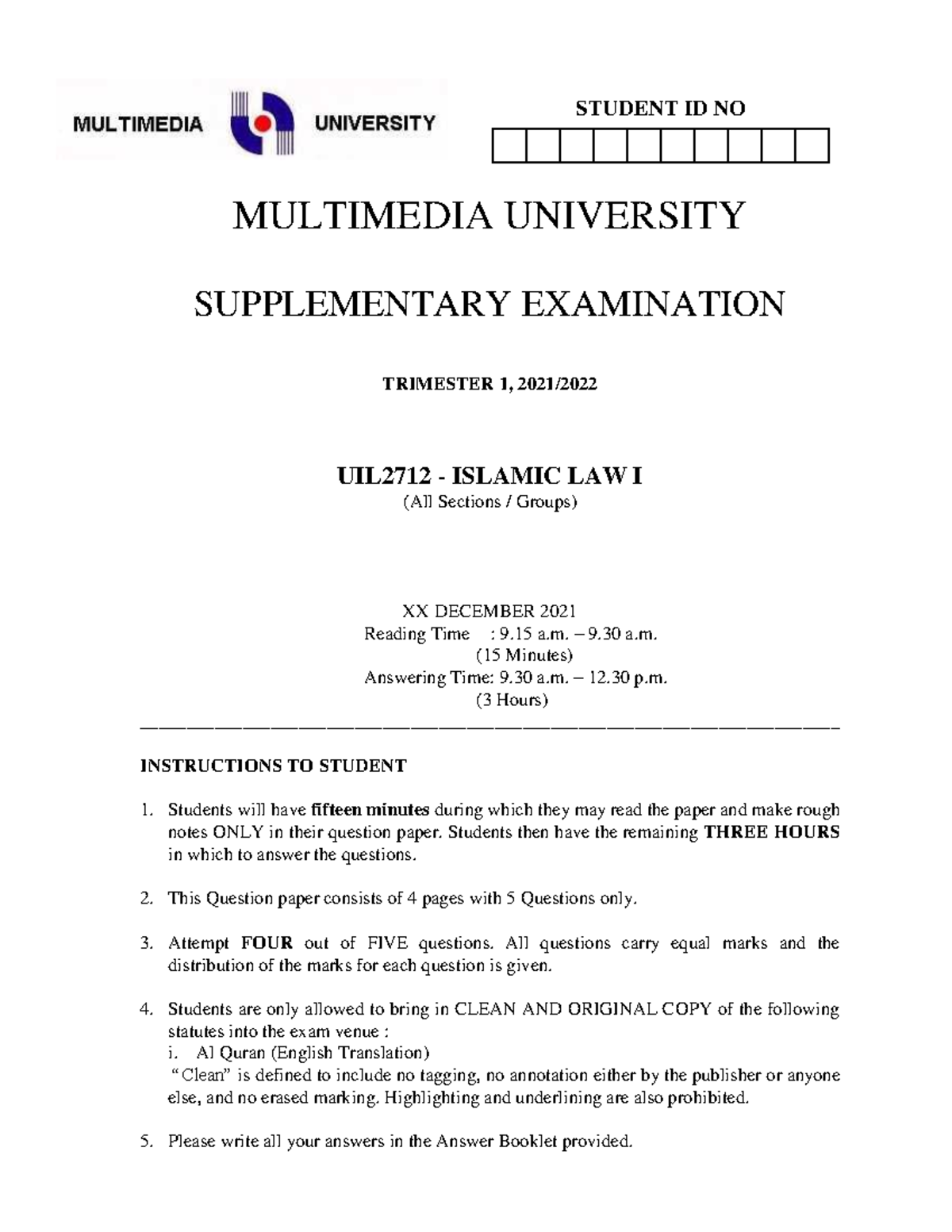 Supplementary Qs - MULTIMEDIA UNIVERSITY SUPPLEMENTARY EXAMINATION ...