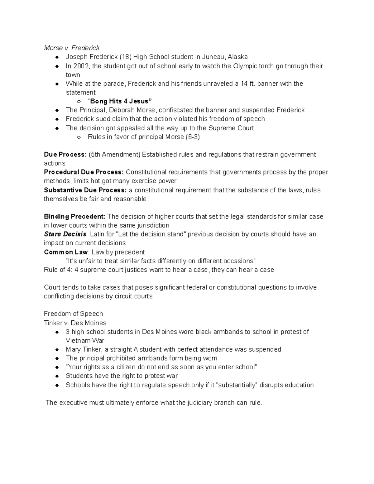 Judiciary Notes - Morse v. Frederick Joseph Frederick (18) High School ...