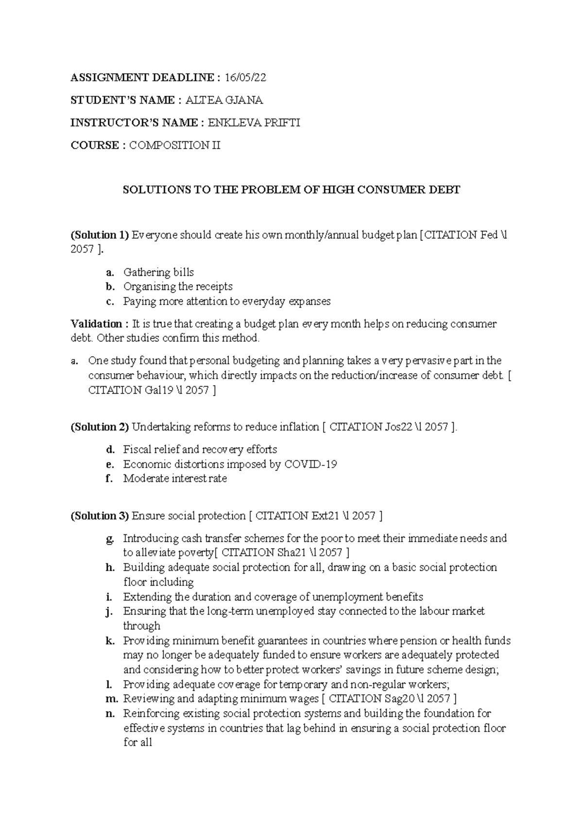Solutions TO Consumer DEBT Outline - ASSIGNMENT DEADLINE : 16/05 ...