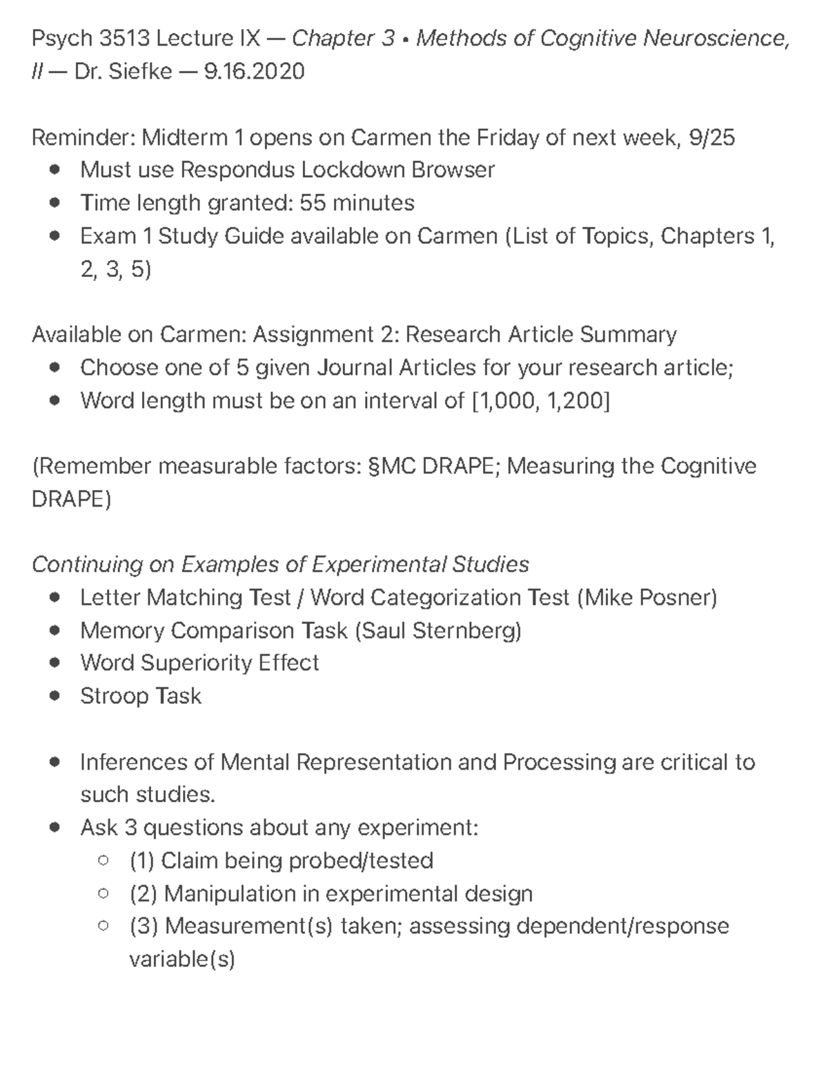 Psych 3513 Lecture IX — Chapter 3 • Methods of Cognitive Neuroscience ...