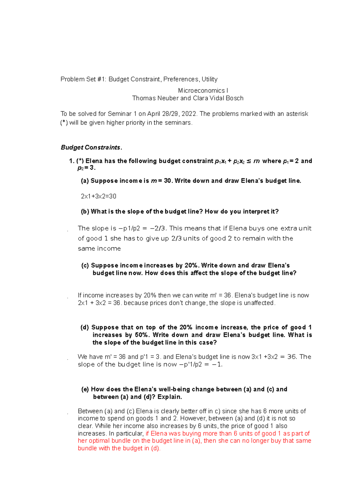 Problem Set 1-5 ( Micro) - Problem Set #1: Budget Constraint, Preferences, Utility ...