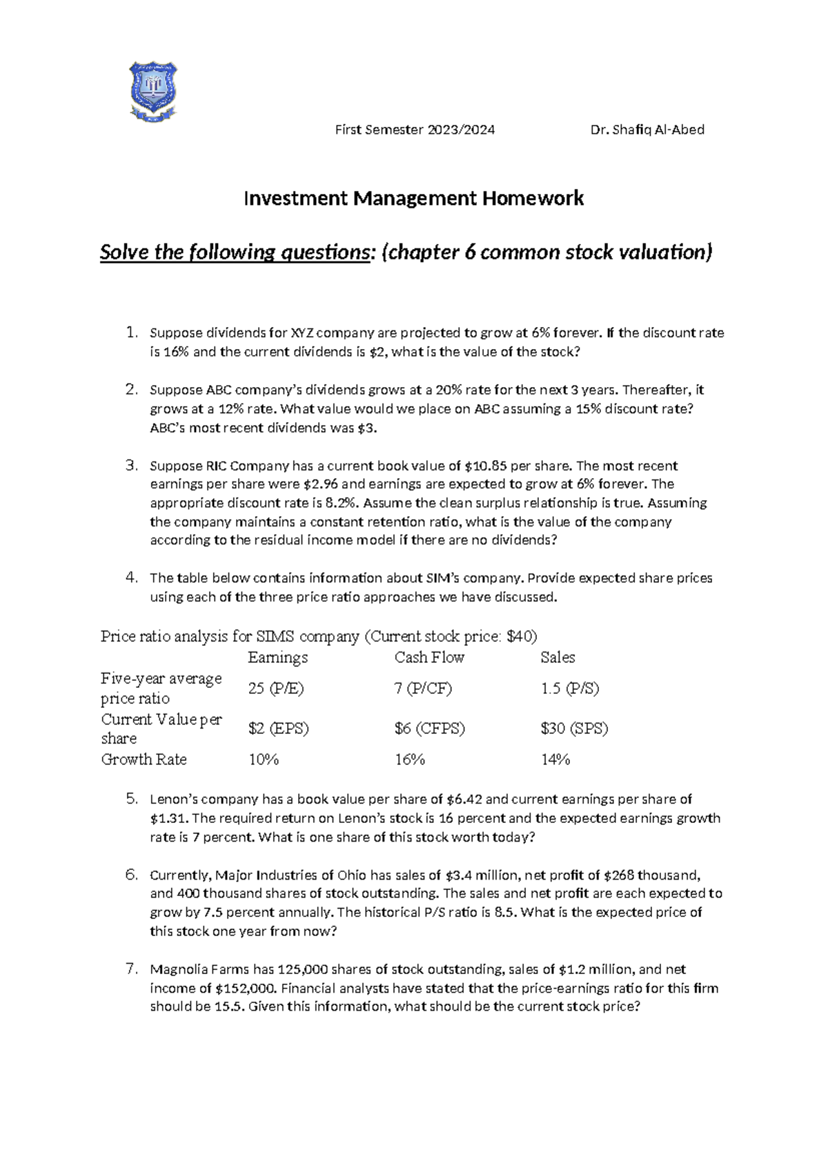 Investment Management Homework chapter 6 common Stock valuation - First ...