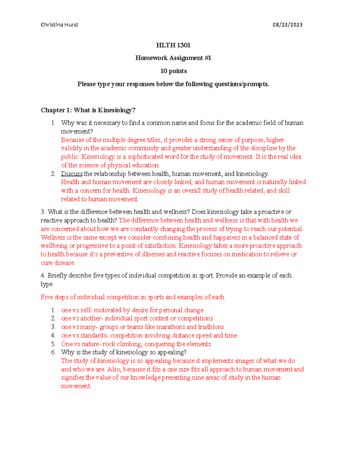 HW Assignment 1- Chapter 1(1) Health - Christina Hurst 08/23/ HLTH 1301 Homework Assignment # 10 ...
