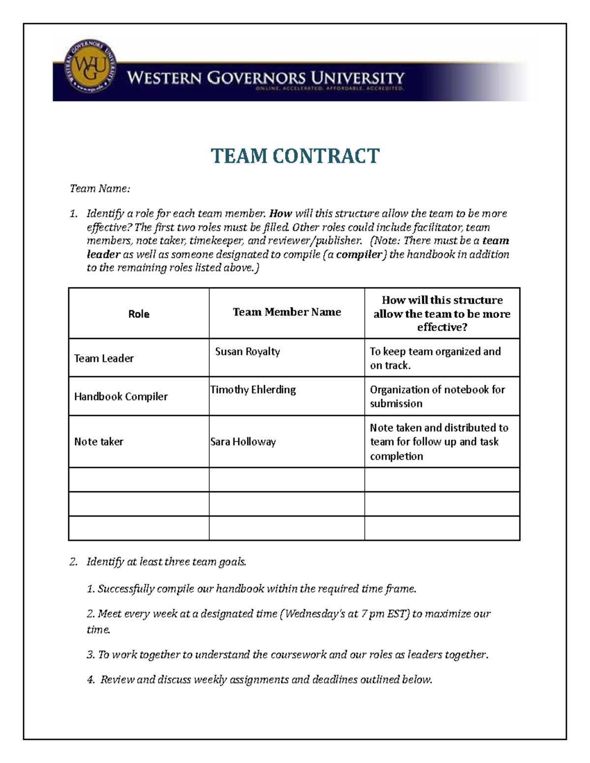 Task 2 Leadership Team Contract - TEAM CONTRACT Team Name: Identify a ...
