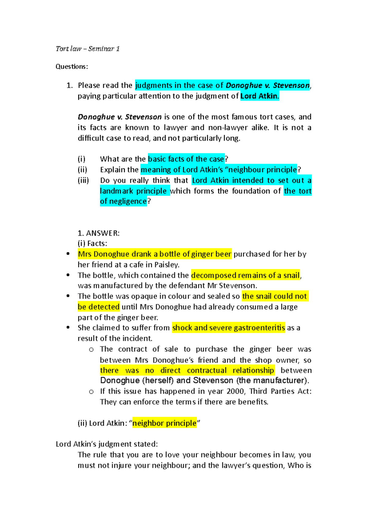 Tort law – Seminar 1 - Tort law – Seminar 1 Questions: Please read the ...