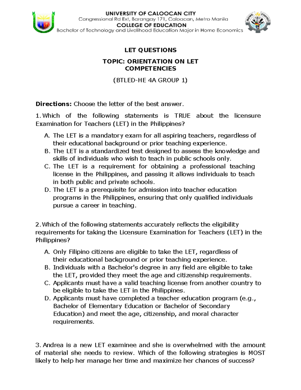 LET- Questions-1 - N/A - LET QUESTIONS TOPIC: ORIENTATION ON LET ...