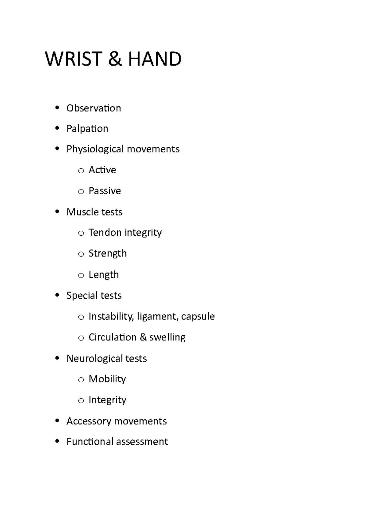 PHS314 Wrist and Hand - Prac notes - WRIST & HAND Observation Palpation ...