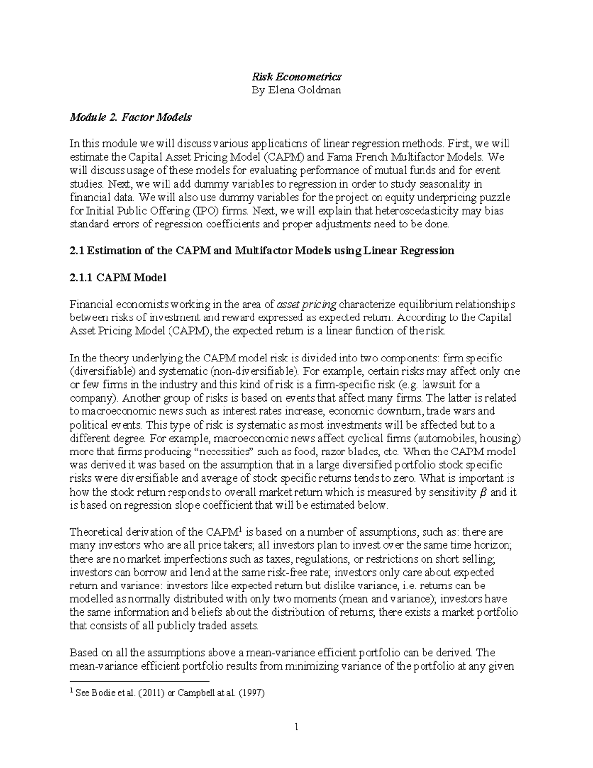 Risk Econometrics Module 2 - Risk Econometrics By Elena Goldman Module ...