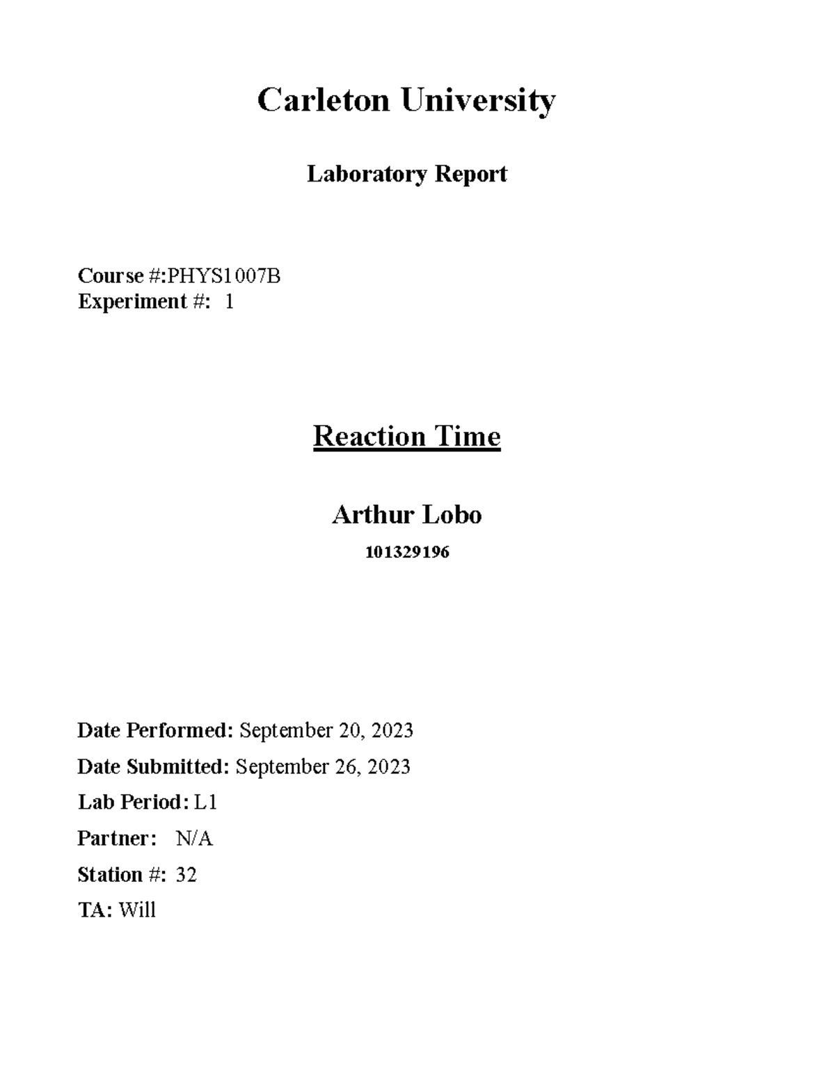 Reaction Time Report - Graphing with loggerpro - Carleton University ...