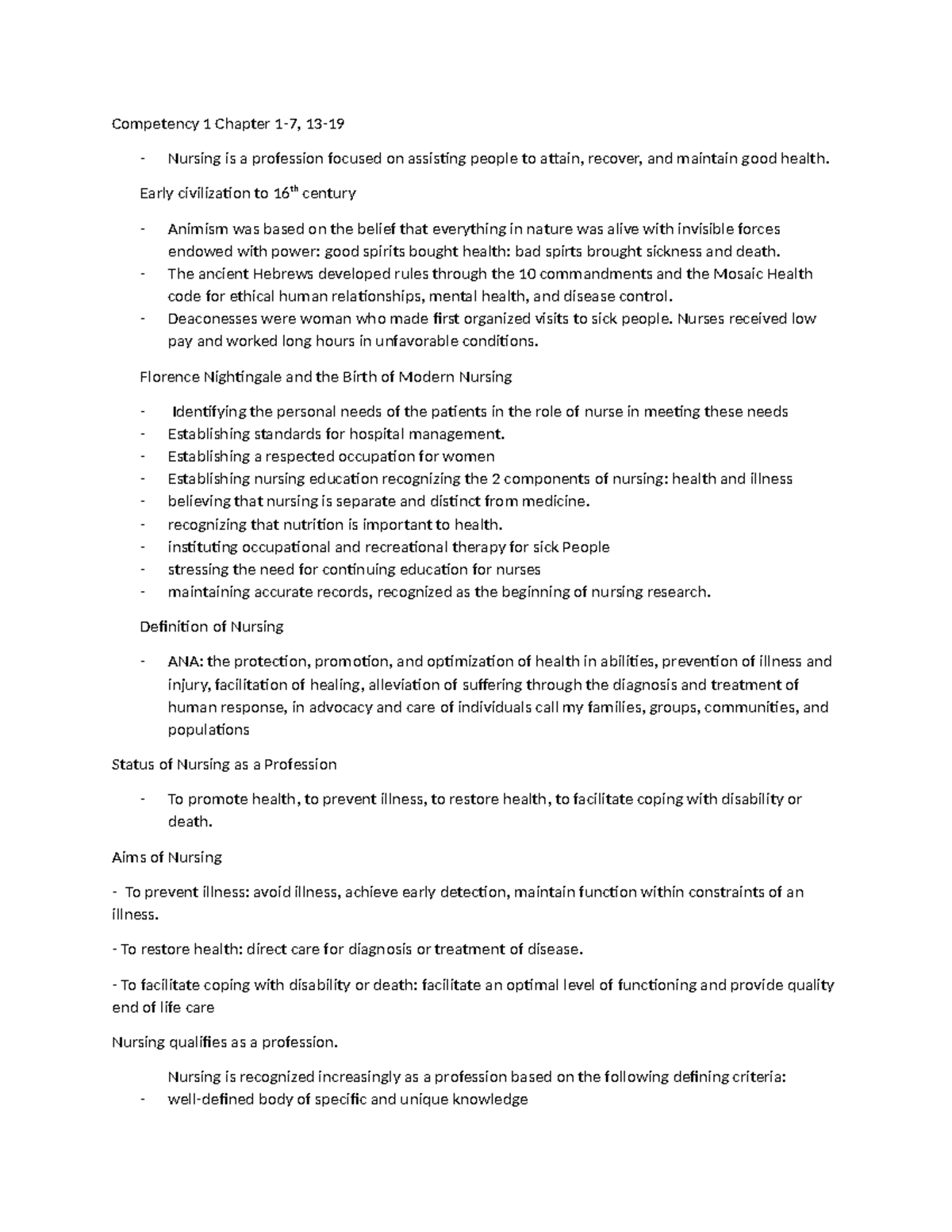 Nur 1020. Comp. 1 Notes - Competency 1 Chapter 1-7, 13- Nursing is a ...