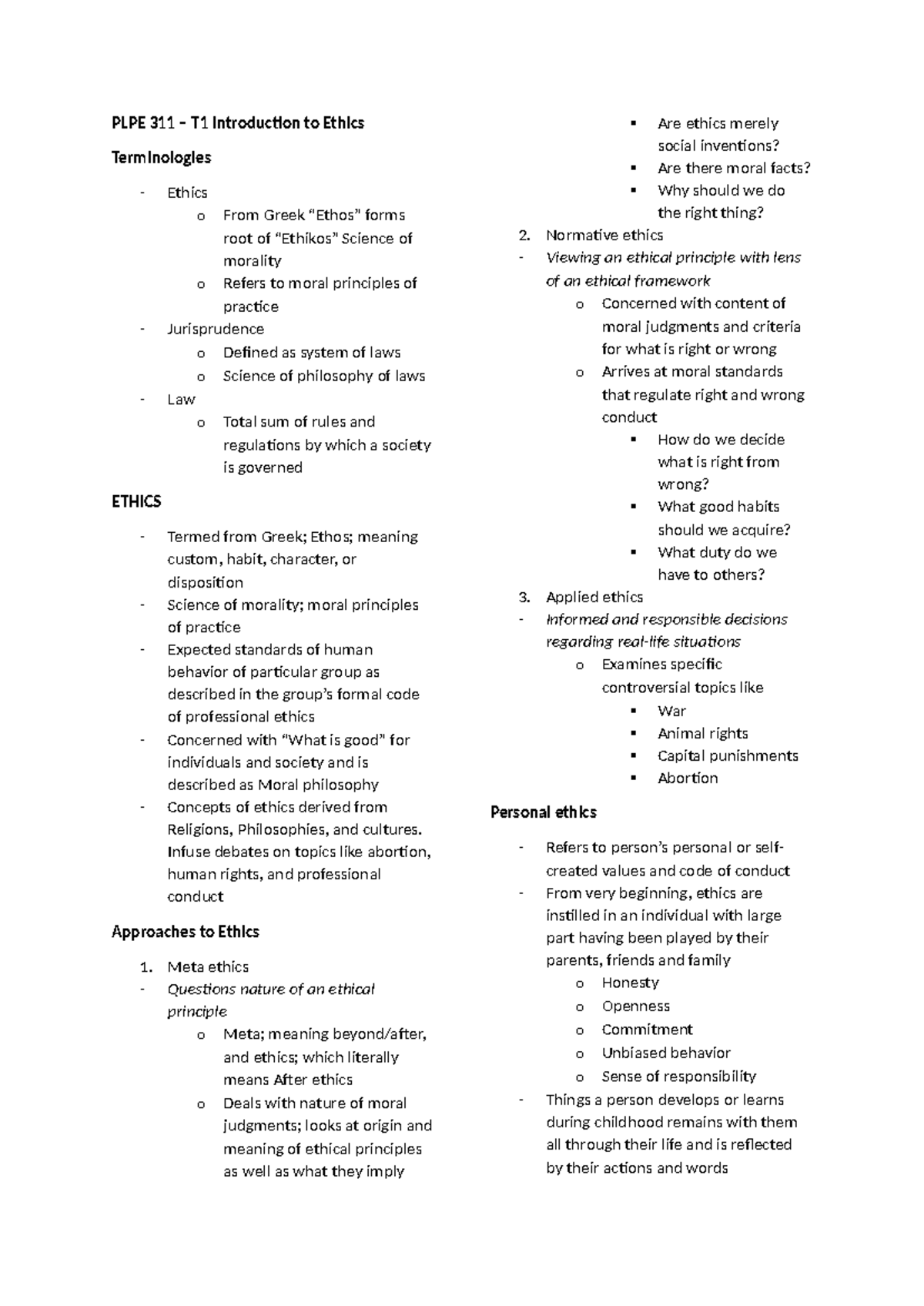PLPE 311 T1-T2 - Notes - PLPE 311 – T1 Introduction to Ethics ...