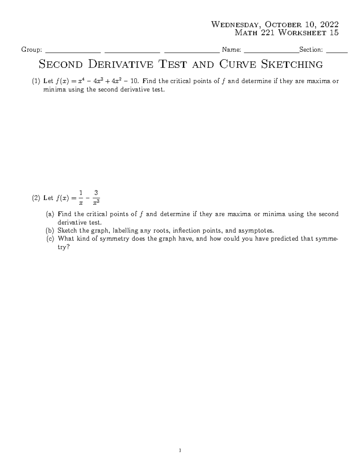 WS15 101022 - Second Derivative Test - Wednesday, October 10, 2022 Math ...