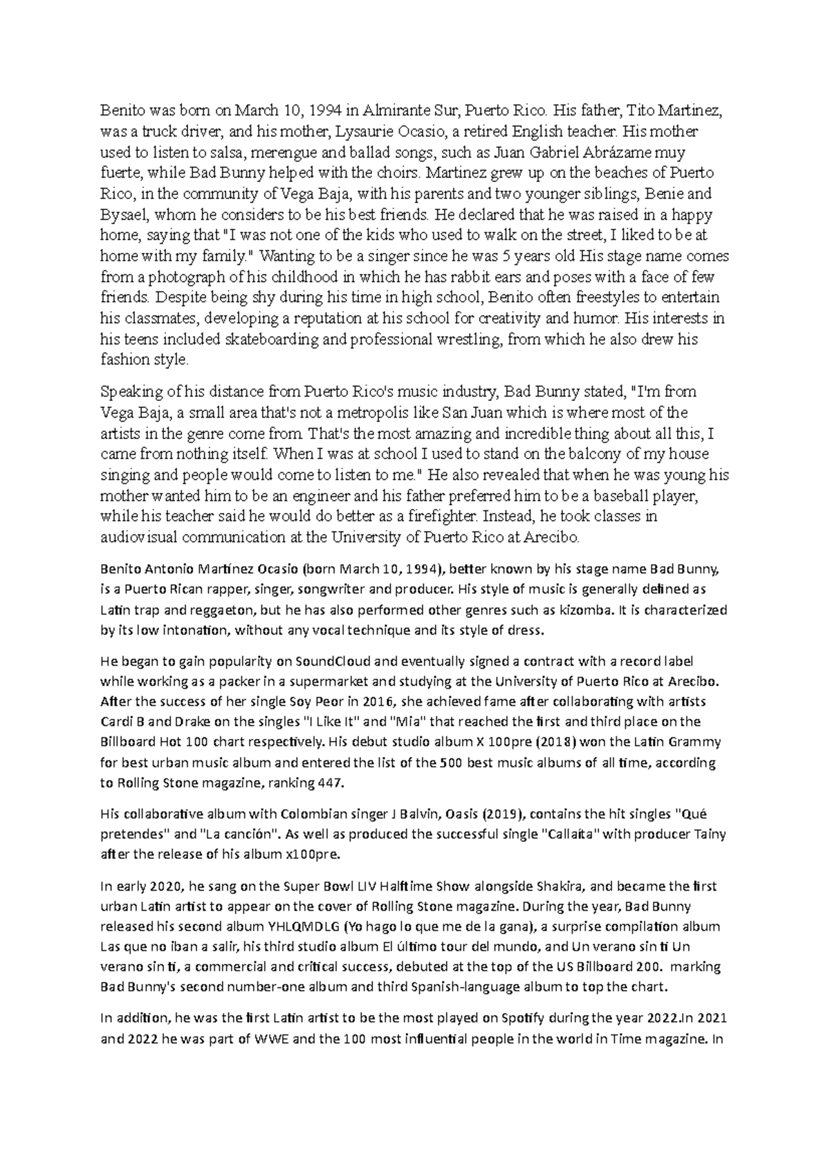 Writing English Bad Bunny - Benito was born on March 10, 1994 in ...