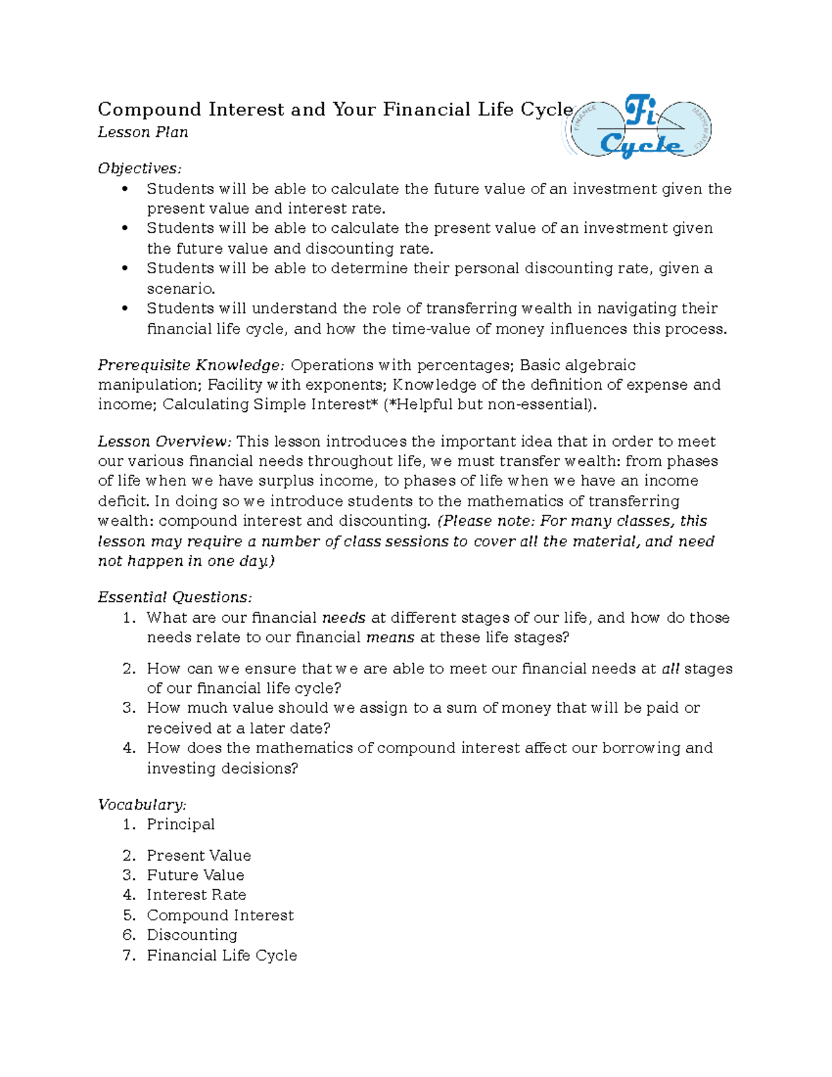 0 Lesson Plan - Compound Interest and Your Financial Life Cycle Lesson ...