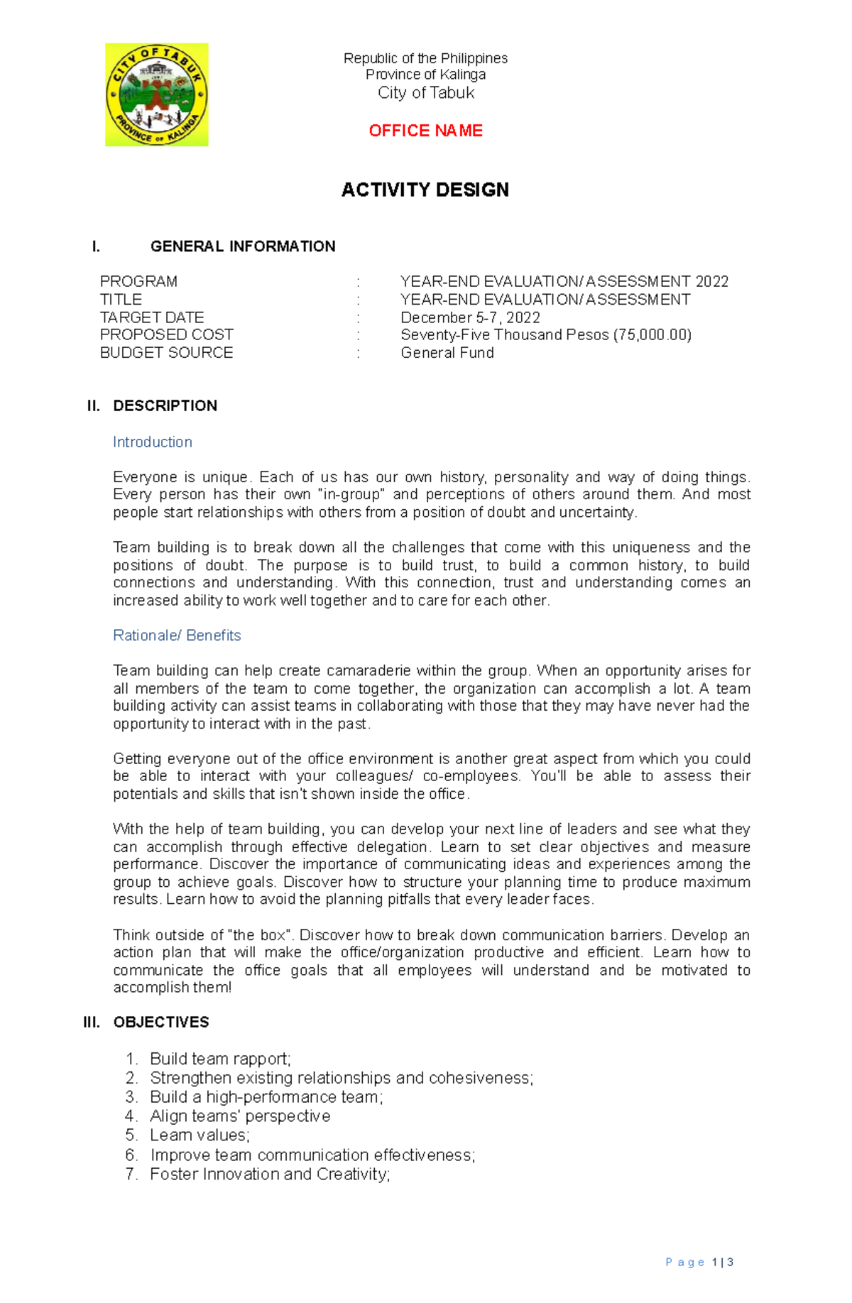 Activity-design (Memo) - Republic of the Philippines Province of Kalinga City of Tabuk OFFICE ...