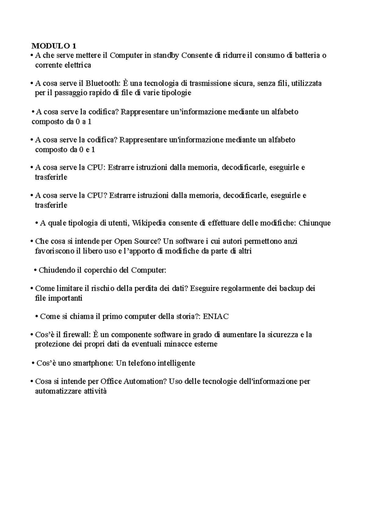 esercitazione modulo 1 eirsaf full - MODULO 1 A che serve mettere il Computer in standby ...