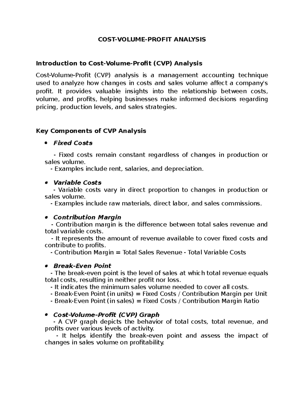 Handout CVP - Summary BS Accountancy - COST-VOLUME-PROFIT ANALYSIS ...